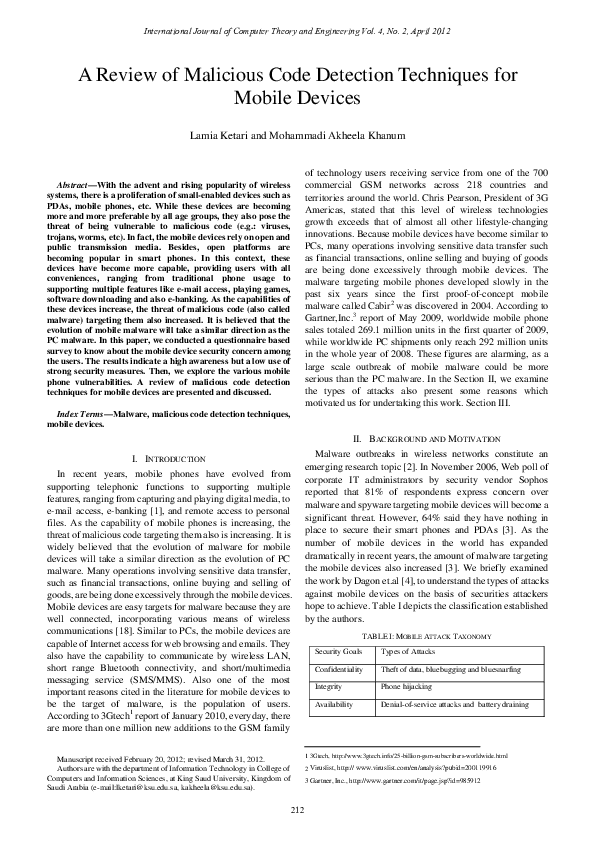 (PDF) A Review of Malicious Code Detection Techniques for Mobile Devices