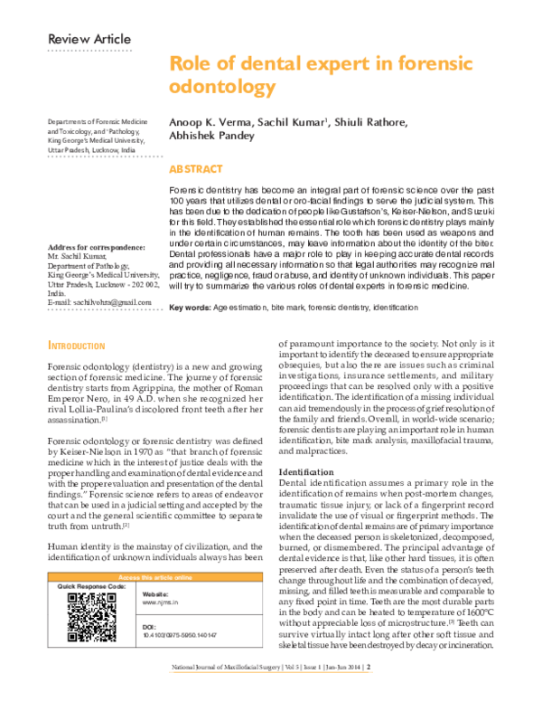 (PDF) Role of dental expert in forensic odontology-A review