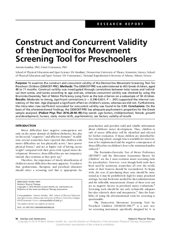 Pdf Construct And Concurrent Validity Of The Democritos Movement