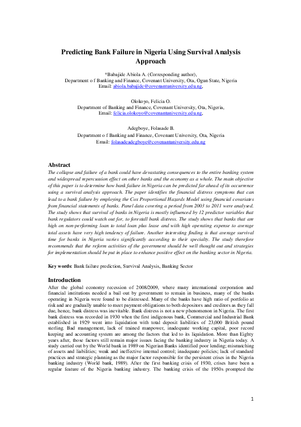 (PDF) Predicting Bank Failure in Nigeria Using Survival Analysis Approach