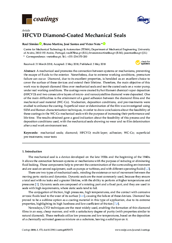 (PDF) HFCVD Diamond-Coated Mechanical Seals