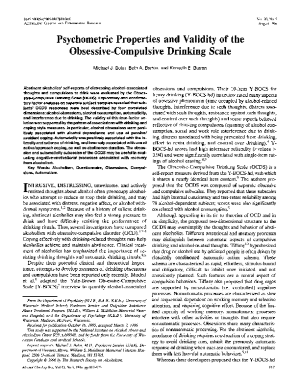 (PDF) Psychometric Properties and Validity of the Obsessive-Compulsive Drinking Scale