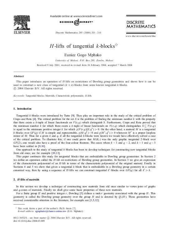 (PDF) H-lifts of tangential k-blocks