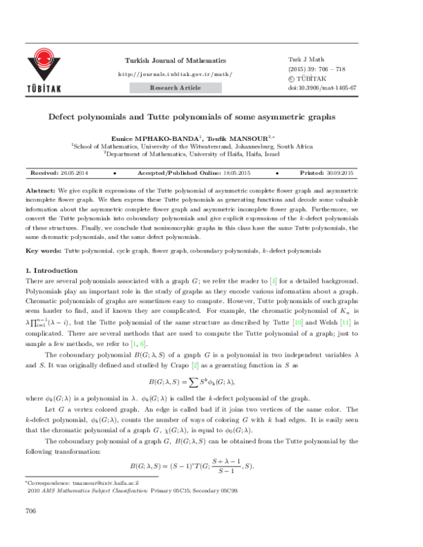 (PDF) Defect polynomials and Tutte polynomials of some asymmetric graphs