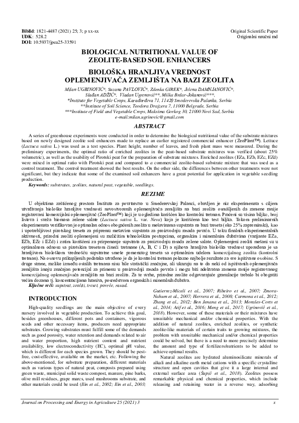 (PDF) Biološka Hranljiva Vrednost Oplemenjivača Zemljišta Na Bazi Zeolita