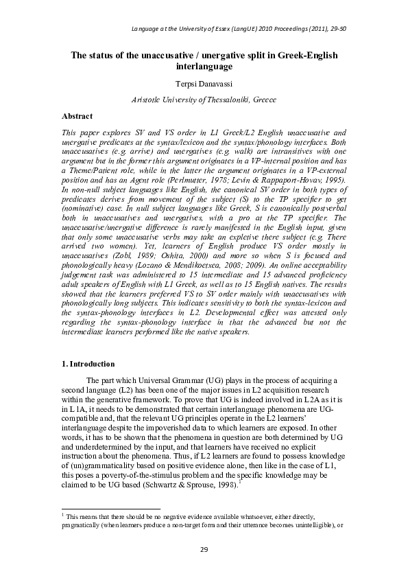 (PDF) The status of the unaccusative / unergative split in the Greek ...