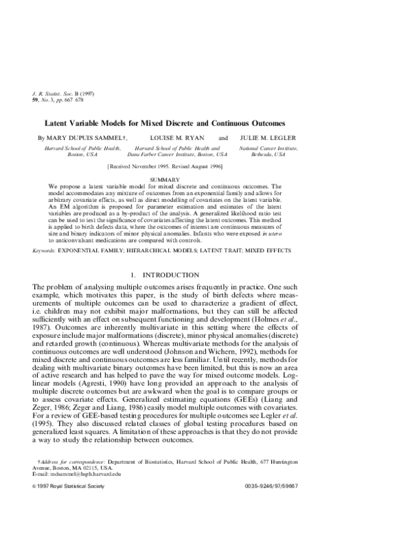 Pdf Latent Variable Models For Mixed Discrete And Continuous Outcomes