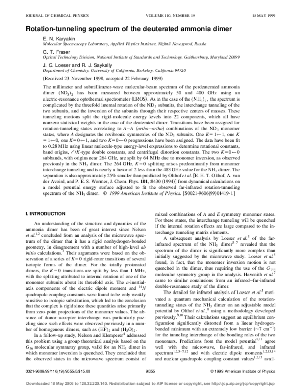 Pdf Rotation Tunneling Spectrum Of The Deuterated Ammonia Dimer