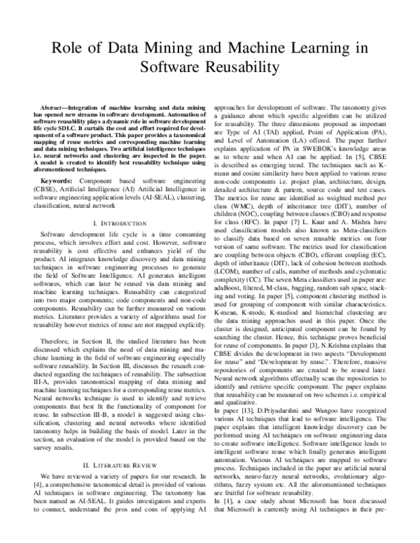 (PDF) Role of Data Mining and Machine Learning in Software Reusability