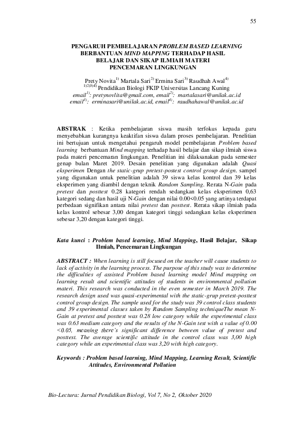 (PDF) Pengaruh Pembelajaran Problem Based Learning Berbantuan Mind Mapping Terhadap Hasil ...