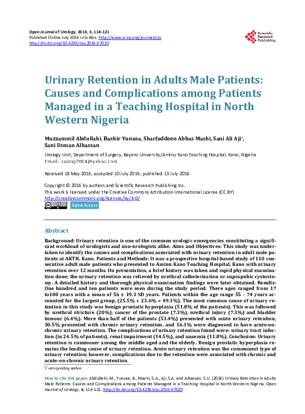 (PDF) Causes and Complications of Urinary Retention in Adult Males