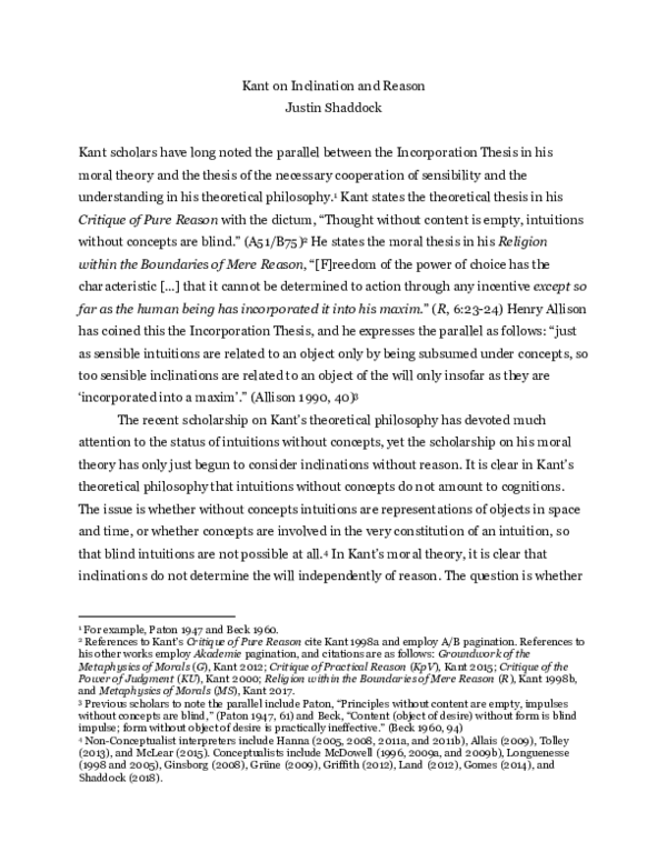 (PDF) Kant on Inclination and Reason, Southern Journal of Philosophy (2022)