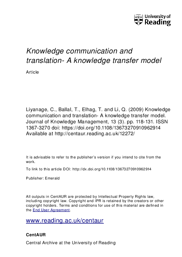 (PDF) Knowledge communication and translation – a knowledge transfer model