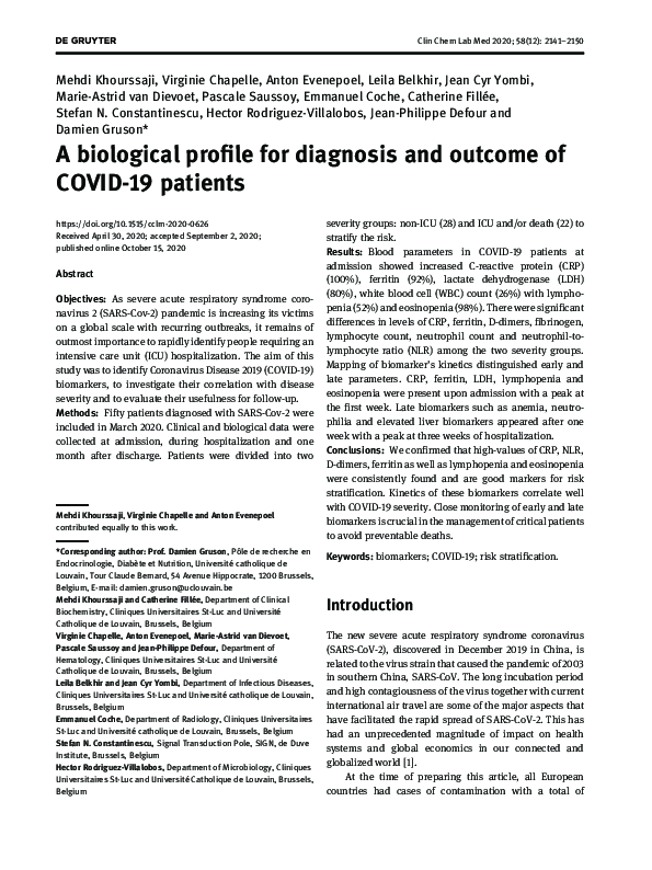 (PDF) A biological profile for diagnosis and outcome of COVID-19 patients