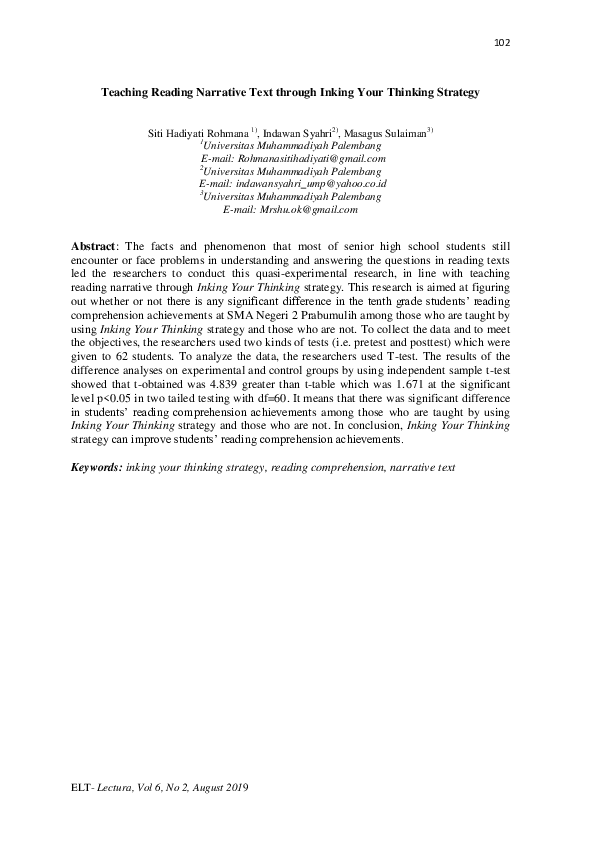(PDF) Teaching Reading Narrative Texts through Inking Your Thinking Strategy