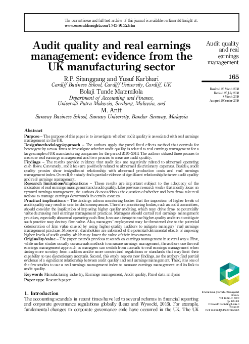 (PDF) Audit quality and real earnings management: evidence from the UK manufacturing sector