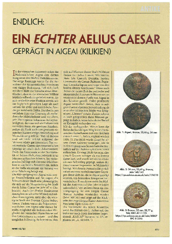(PDF) Ein echter Aelius Caesar, geprägt in Aigeai (Kilikien)