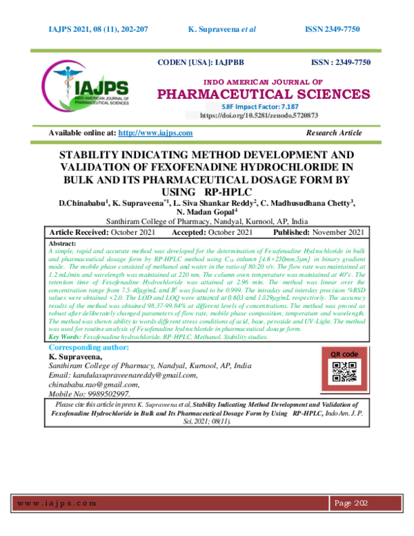 (PDF) STABILITY INDICATING METHOD DEVELOPMENT AND VALIDATION OF FEXOFENADINE HYDROCHLORIDE IN ...