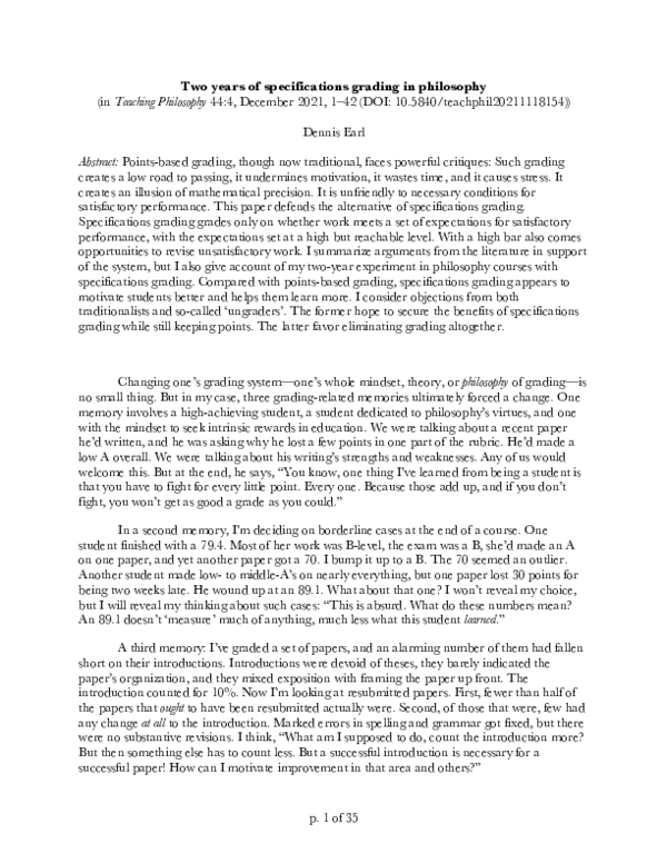 (PDF) Two Years of Specifications Grading in Philosophy