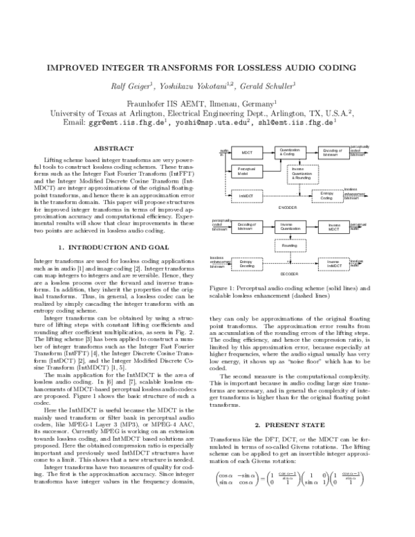 Pdf Improved Integer Transforms For Lossless Audio Coding