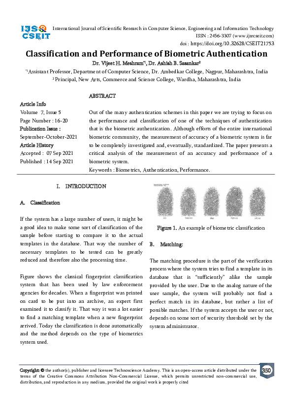 (PDF) Classification and Performance of Biometric Authentication