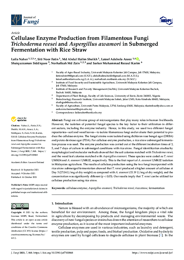 Pdf Cellulase Enzyme Production From Filamentous Fungi Trichoderma Reesei And Aspergillus
