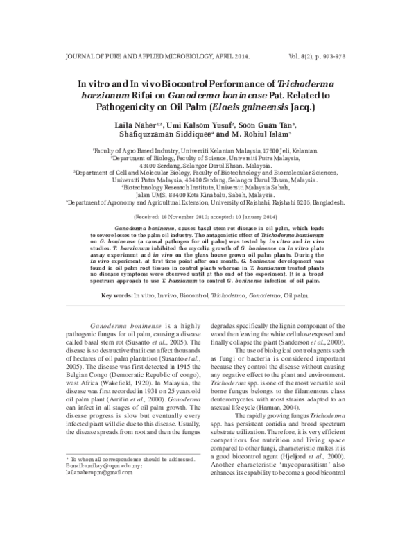 (PDF) In vitro and In vivo Biocontrol Performance of Trichoderma harzianum Rifai on Ganoderma ...