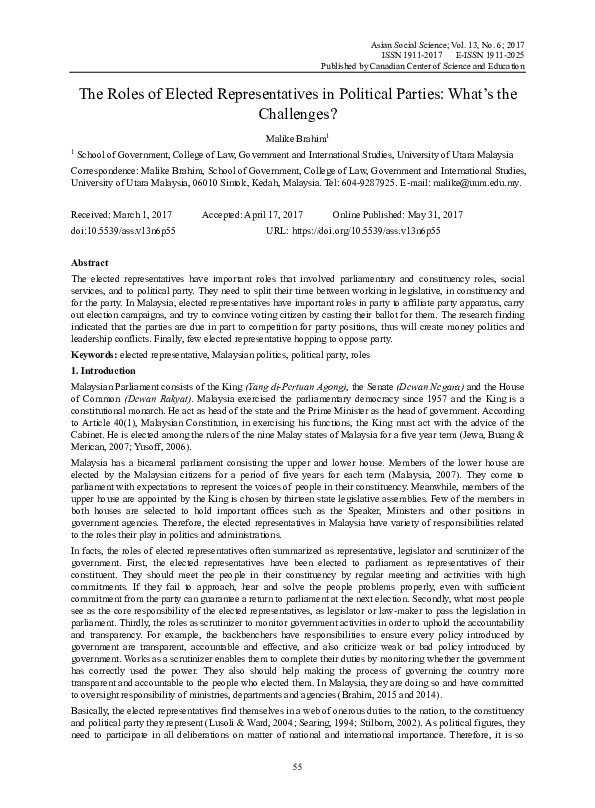 (PDF) The Roles of Elected Representatives in Political Parties: What’s ...