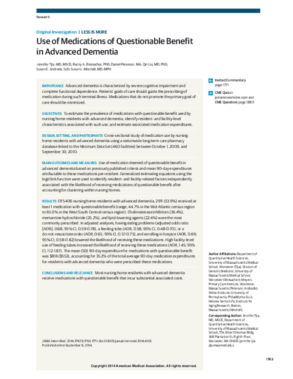 (PDF) Use of Medications of Questionable Benefit in Advanced Dementia