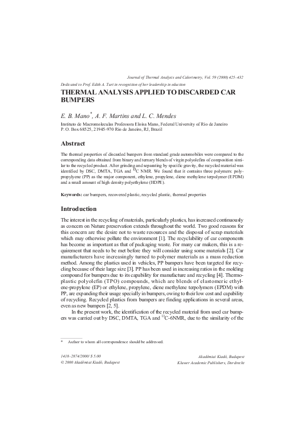 (PDF) Thermal Analysis Applied to Discarded Car Bumpers | Luis Claudio ...