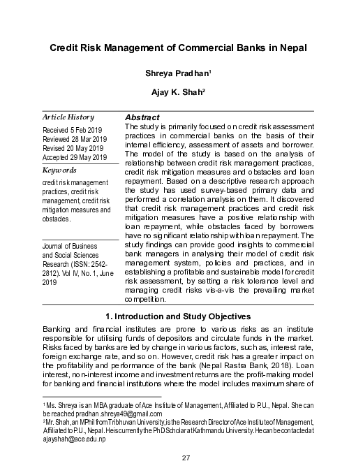 (PDF) Credit Risk Management of Commercial Banks in Nepal