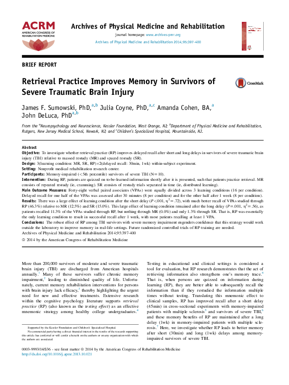 (PDF) Retrieval Practice Improves Memory in Survivors of Severe ...