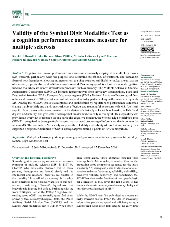 (PDF) Validity of the Symbol Digit Modalities Test as a cognition ...