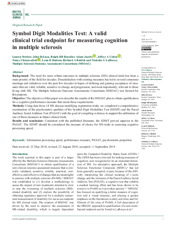 (PDF) Symbol Digit Modalities Test: A valid clinical trial endpoint for ...