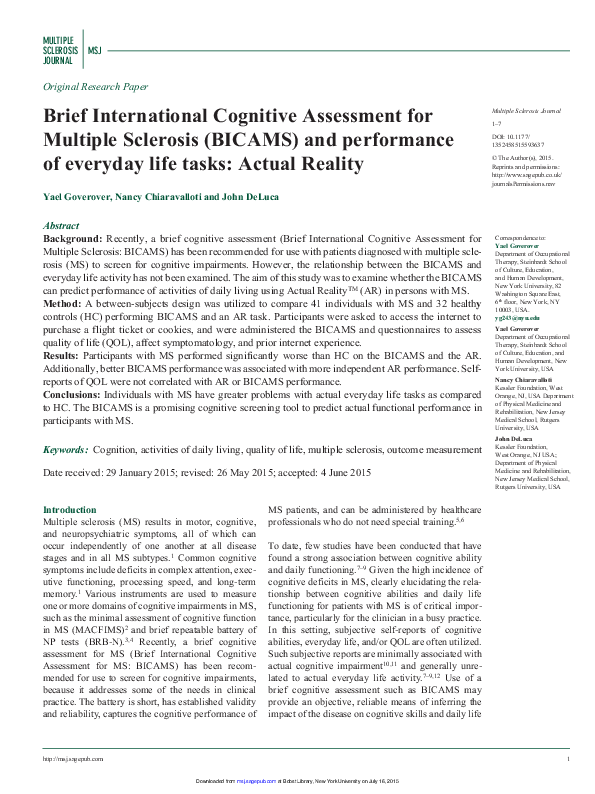 (PDF) Brief International Cognitive Assessment for Multiple Sclerosis (BICAMS) and performance ...