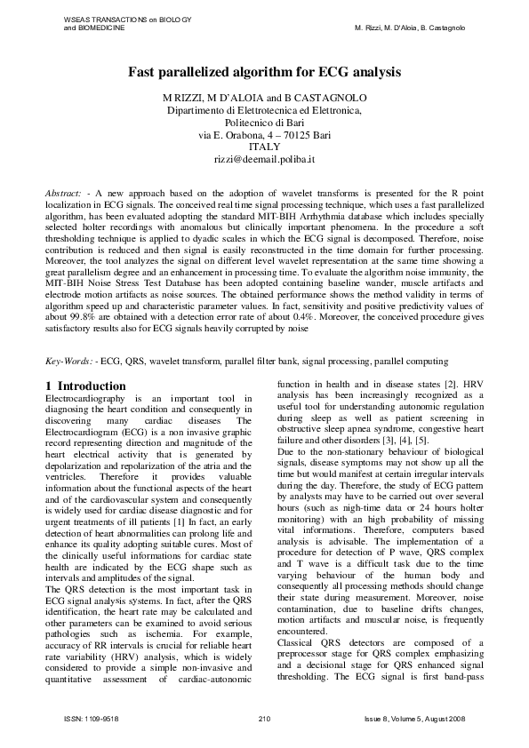 (PDF) Fast parallelized algorithm for ECG analysis