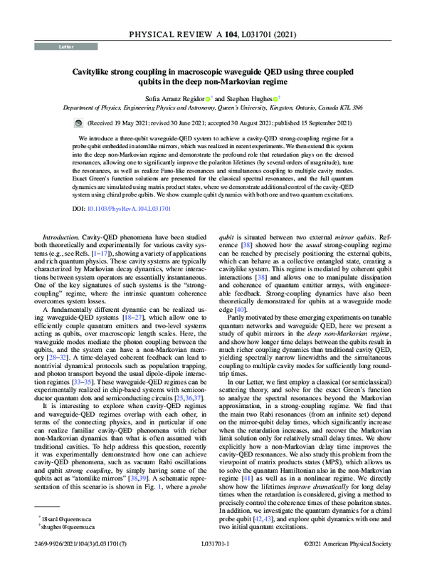 (PDF) Cavitylike strong coupling in macroscopic waveguide QED using three coupled qubits in the ...
