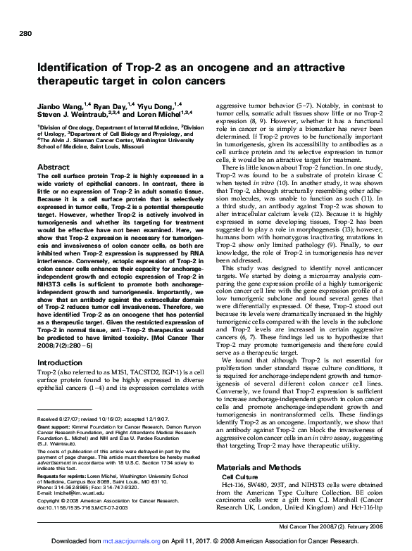 (PDF) Identification of Trop-2 as an oncogene and an attractive therapeutic target in colon cancers