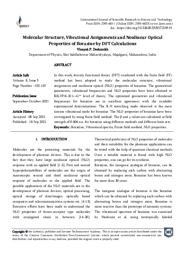 (PDF) Molecular Structure, Vibrational Assignments and Nonlinear Optical Properties of Borazine ...