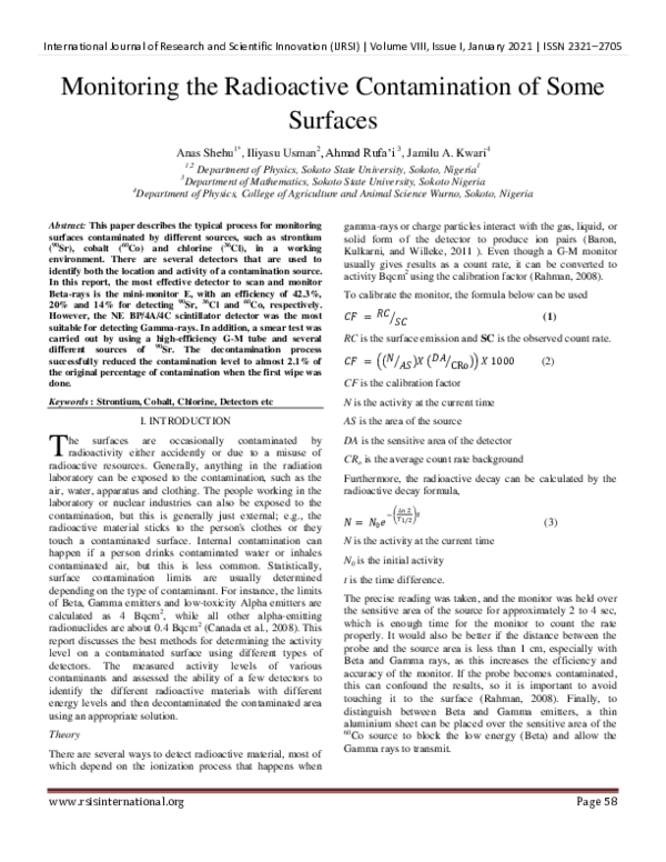 (PDF) Monitoring the Radioactive Contamination of Some Surfaces
