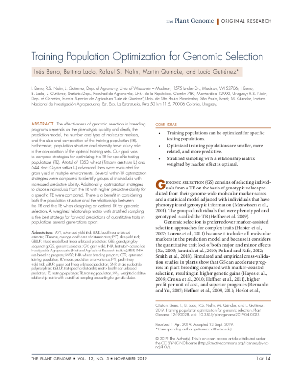 Pdf Training Population Optimization For Genomic Selection Bettina