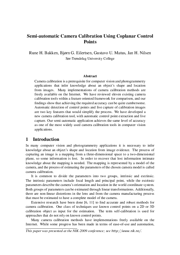 (PDF) Semi-automatic Camera Calibration Using Coplanar Control Points