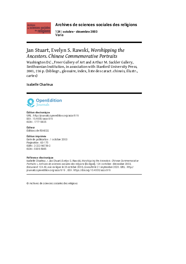 (PDF) Jan Stuart, Evelyn S. Rawski, Worshipping the Ancestors. Chinese ...