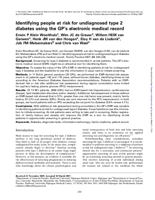 (PDF) Identifying people at risk for undiagnosed type 2 diabetes using ...
