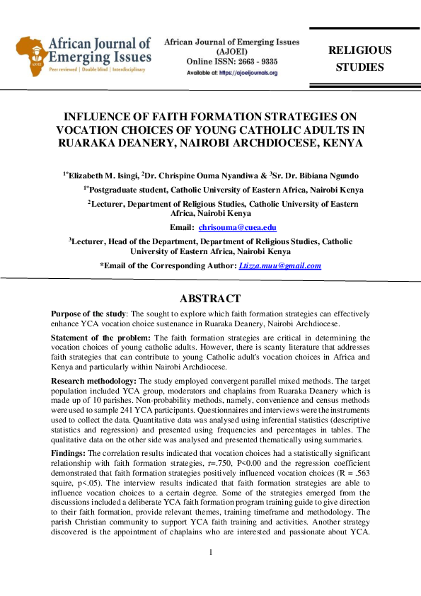 (PDF) INFLUENCE OF FAITH FORMATION STRATEGIES ON VOCATION CHOICES OF ...