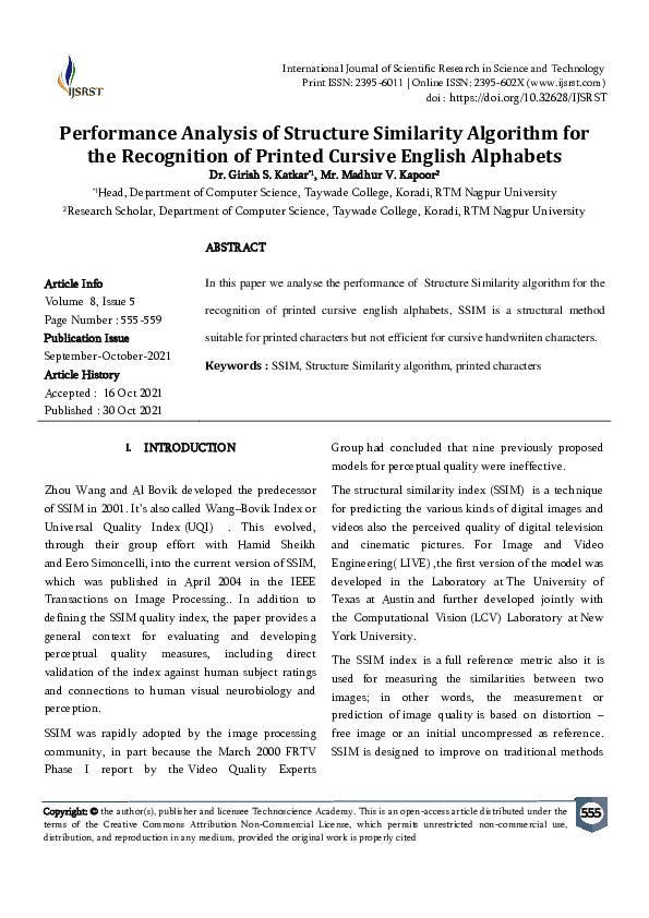 (PDF) Performance Analysis of Structure Similarity Algorithm for the Recognition of Printed ...