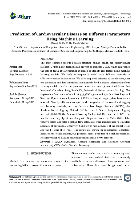 Pdf Prediction Of Cardiovascular Disease On Different Parameters