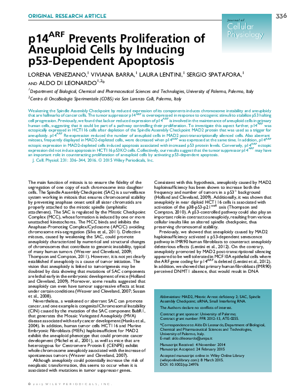 (PDF) p14 ARF Limits Aneuploid Cell Growth via p53