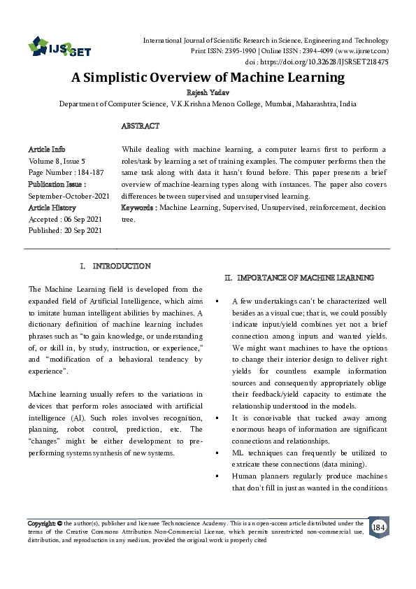(PDF) A Simplistic Overview of Machine Learning