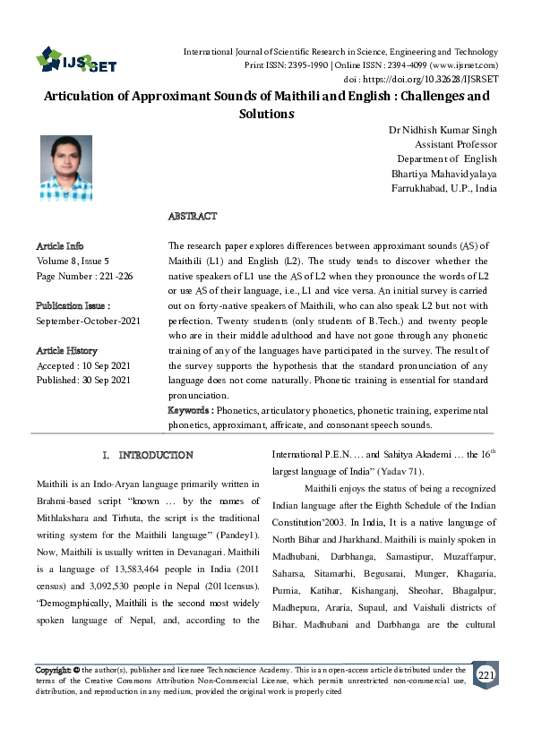 (PDF) Articulation of Approximant Sounds of Maithili and English ...